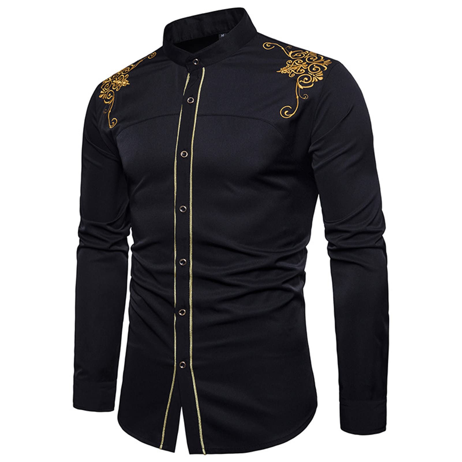 Men's Long Sleeve Embroidered Shirts Slim Fit Casual Button Down Shirts Golden Printed Party Dress Shirt Top (Black,Medium)