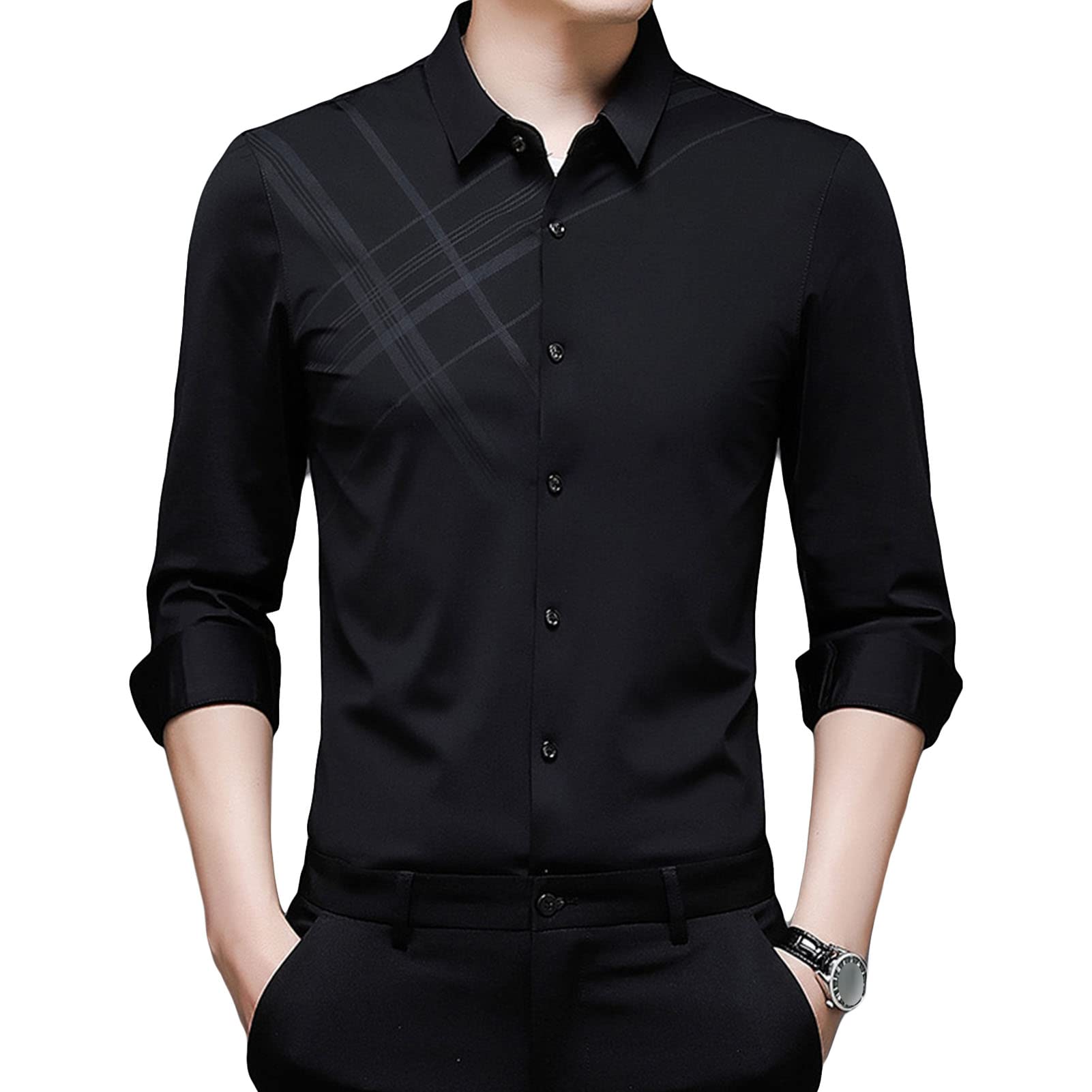 Men Plaid Printed Dress Shirt Turn-Down Collar Button Down Business Shirts Casual Slim Fit Long Sleeve Shirts (Black,56)