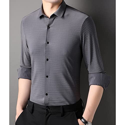 Maiyifu-GJ Men Jacquard Casual Dress Shirt Regular Fit Button Down Business Shirts Solid Turn-Down Collar Long Sleeve Shirts (Grey,56)