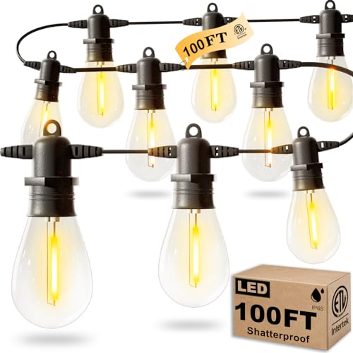 Jerritte 100FT LED Outdoor String Lights with 30 Edison Shatterproof IP65 Waterproof Bulbs, 2700K Dimmable Commercial Grade Patio Lights, Heavy Duty Outside Hanging Lights for Garden Porch Deck Decor