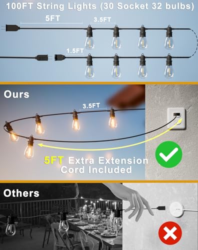 Jerritte 100FT LED Outdoor String Lights with 30 Edison Shatterproof IP65 Waterproof Bulbs, 2700K Dimmable Commercial Grade Patio Lights, Heavy Duty Outside Hanging Lights for Garden Porch Deck Decor