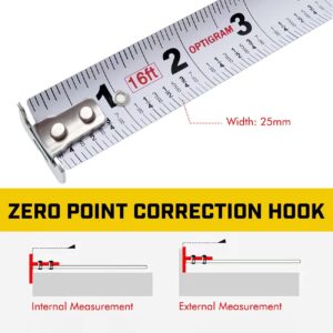 OPTIGRAM Retractable Stainless Steel Tape Measure, 1-Inch Ruler Blade, 16-Foot/5 Metric Both Side Dual Measuring Tape, Self-Lock, Impact Resistance, Hollow Design for Easy Clean(Metallic Silver)