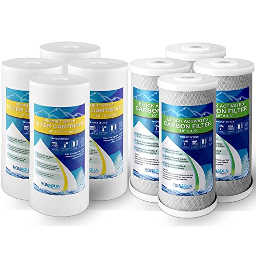 4 High Capacity Coconut Shell Carbon Block & 4 Big Polypropylene Sediment 5 Micron 4.5" x 10" Water Filter Cartridges for Universal Whole House System COMPATIBLE WITH: FC15BX4, 155358-43, DGD-5005-10