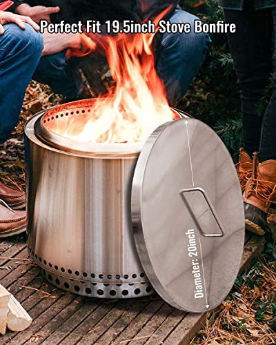 304 Stainless Steel Fire Pit Lid Fit for Solo Stove Bonfire 19.5" Fire Pit, Round Cover with Heat Resistant Handle, Outdoor Fire Pits Wood Burning and Camping Accessories