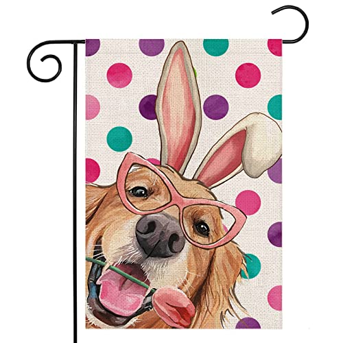 Easter Dog Garden Flag for Outdoor 12x18 Double Sided,Golden Retriever with Flowers Bunny Ears Dots Small Yard Flag,Seasonal Decors for Spring Outside Farmhouse Holiday