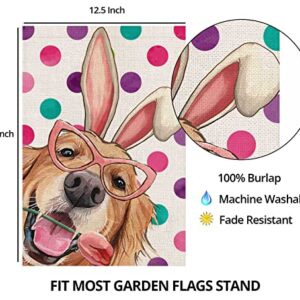 Easter Dog Garden Flag for Outdoor 12x18 Double Sided,Golden Retriever with Flowers Bunny Ears Dots Small Yard Flag,Seasonal Decors for Spring Outside Farmhouse Holiday