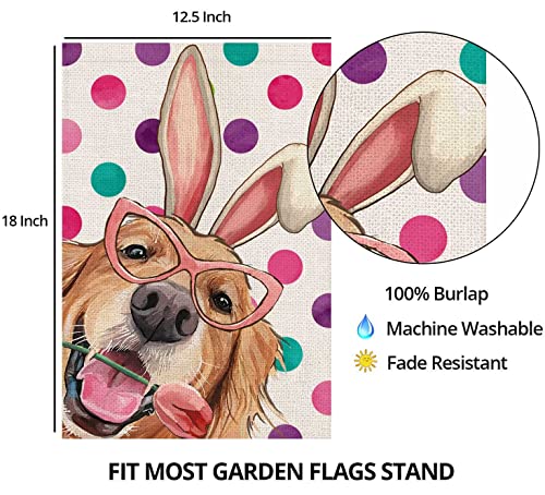 Easter Dog Garden Flag for Outdoor 12x18 Double Sided,Golden Retriever with Flowers Bunny Ears Dots Small Yard Flag,Seasonal Decors for Spring Outside Farmhouse Holiday