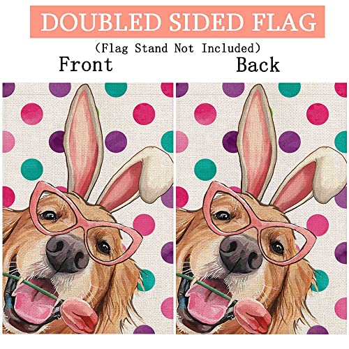 Easter Dog Garden Flag for Outdoor 12x18 Double Sided,Golden Retriever with Flowers Bunny Ears Dots Small Yard Flag,Seasonal Decors for Spring Outside Farmhouse Holiday