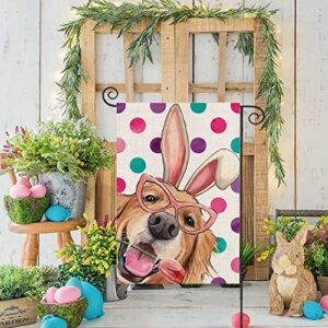 Easter Dog Garden Flag for Outdoor 12x18 Double Sided,Golden Retriever with Flowers Bunny Ears Dots Small Yard Flag,Seasonal Decors for Spring Outside Farmhouse Holiday