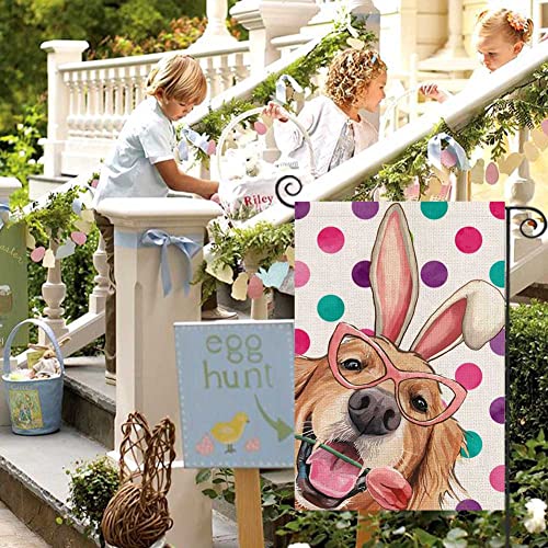 Easter Dog Garden Flag for Outdoor 12x18 Double Sided,Golden Retriever with Flowers Bunny Ears Dots Small Yard Flag,Seasonal Decors for Spring Outside Farmhouse Holiday