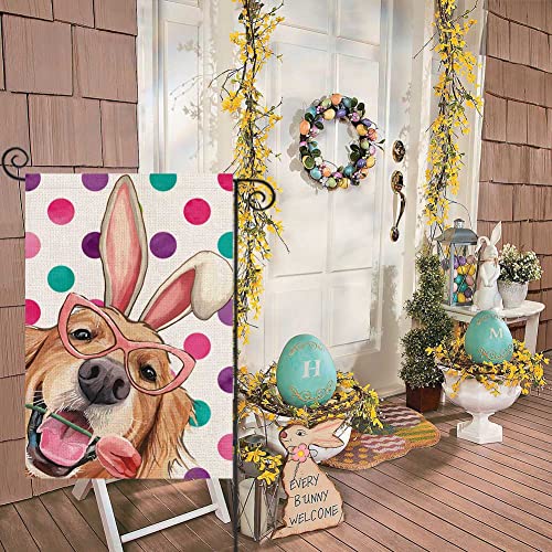 Easter Dog Garden Flag for Outdoor 12x18 Double Sided,Golden Retriever with Flowers Bunny Ears Dots Small Yard Flag,Seasonal Decors for Spring Outside Farmhouse Holiday