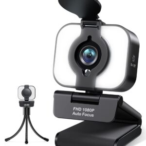 Webcam FHD 1080P Streaming Webcam with Ring Light, Microphone, Privacy Cover and Auto-Focus, Plug and Play, USB Web Camera for Zoom Skype YouTube, PC Laptop Computer