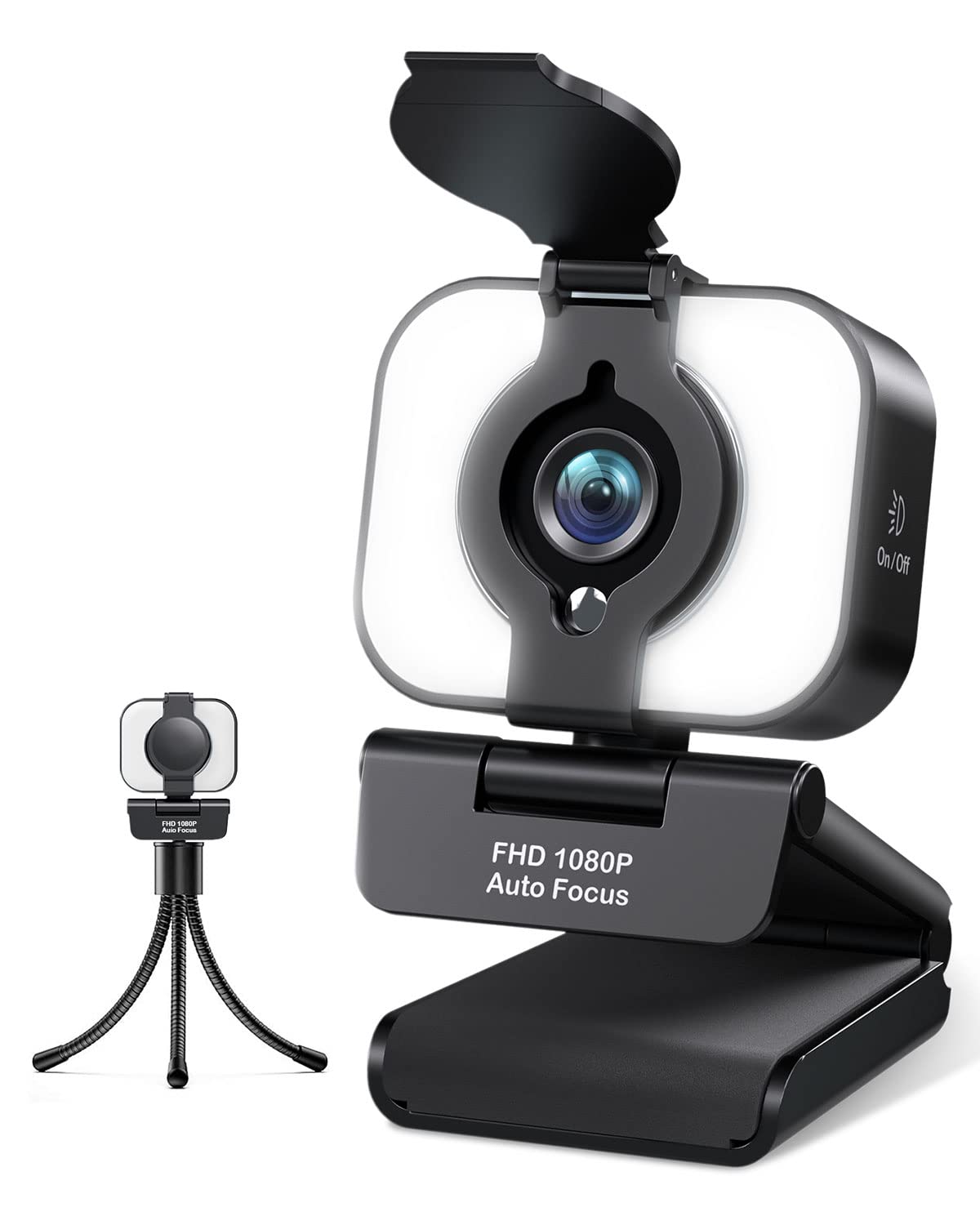 Webcam FHD 1080P Streaming Webcam with Ring Light, Microphone, Privacy Cover and Auto-Focus, Plug and Play, USB Web Camera for Zoom Skype YouTube, PC Laptop Computer