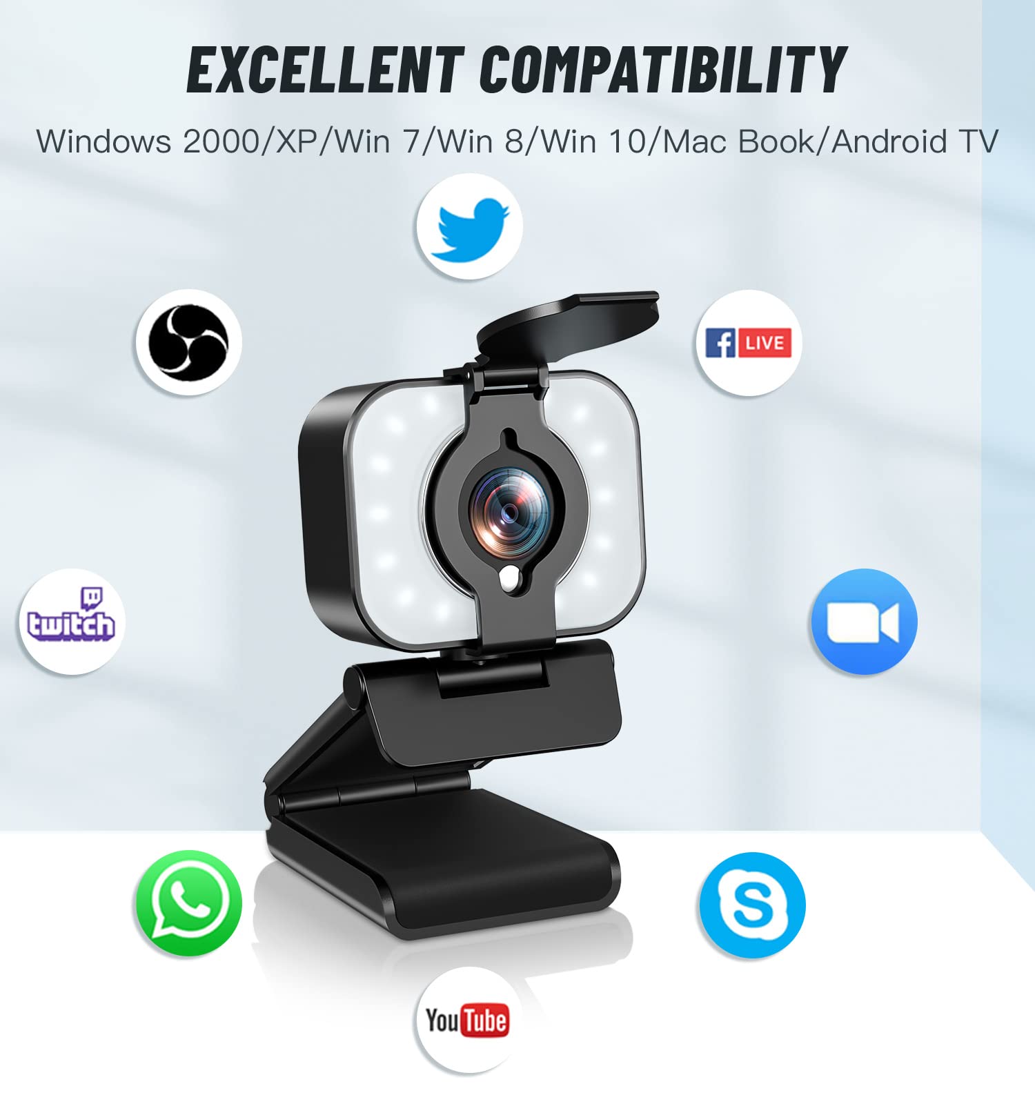 Webcam FHD 1080P Streaming Webcam with Ring Light, Microphone, Privacy Cover and Auto-Focus, Plug and Play, USB Web Camera for Zoom Skype YouTube, PC Laptop Computer