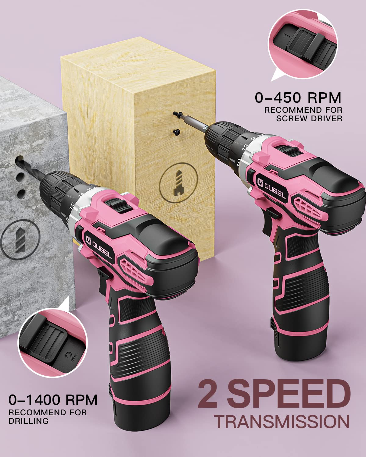 Drill Set, OUBEL 12V Cordless Drill Pink with 42 Acessories, Pink Power Drill Cordless with 3/8" Keyless Chuck, Built-in LED, 2 Variable Speed, Pink Drill for DIY Home Projects, Around the House