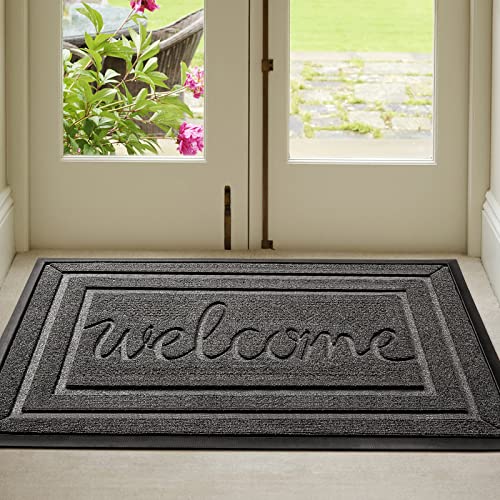 Welcome Door Mat for Indoor Outdoor, 17"x29" Durable Front Door Mat Entryway Rug for Patio, Garage, High Traffic Areas, Grey