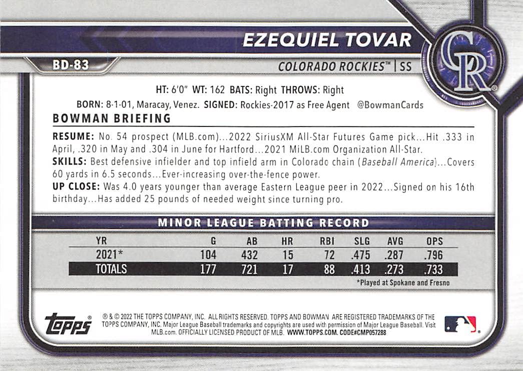 2022 Bowman Draft #BD-83 Ezequiel Tovar