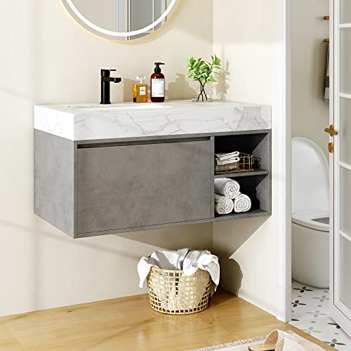 HERNEST 36 Inch Floating Bathroom Vanity Wall Mounted Bathroom Cabinet with Slate Tabletop, Ceramic Basin Sink and Storage Drawer Grey Small Floating Vanity Bathroom for Washroom