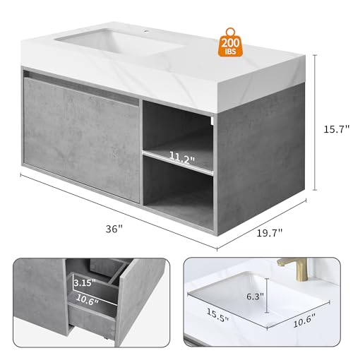 HERNEST 36 Inch Floating Bathroom Vanity Wall Mounted Bathroom Cabinet with Slate Tabletop, Ceramic Basin Sink and Storage Drawer Grey Small Floating Vanity Bathroom for Washroom