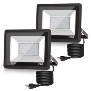 lohas led flood light outdoor, 50w dusk to dawn plug in outdoor light, ip66 waterproof work light, 6000k daylight white, 2200lm plug in flood light for yard garden playground, ul listed, 2 pack