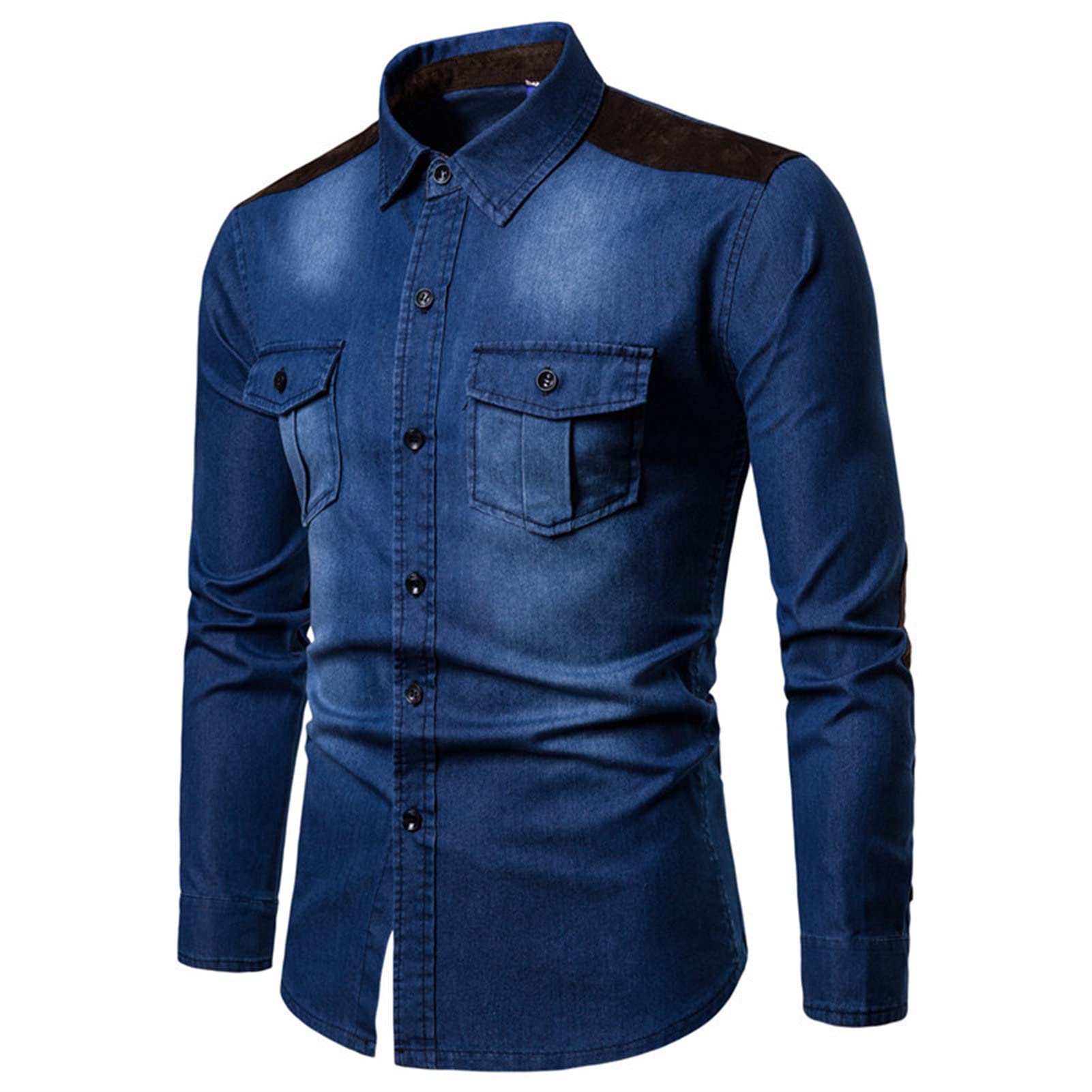 Maiyifu-GJ Men's Patchwork Casual Denim Shirt Regular Fit Button Down Jean Shirts Slim Fit Long Sleeve Western Shirts (Blue,Medium)