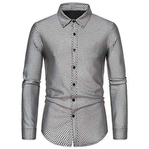 Maiyifu-GJ Men's Disco Shiny Dress Shirt Long Sleeve Button Down Nightclub Party Shirts Luxury Printed Slim Fit Prom Shirt (Silver,XX-Large)