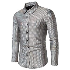 Maiyifu-GJ Men's Disco Shiny Dress Shirt Long Sleeve Button Down Nightclub Party Shirts Luxury Printed Slim Fit Prom Shirt (Silver,XX-Large)