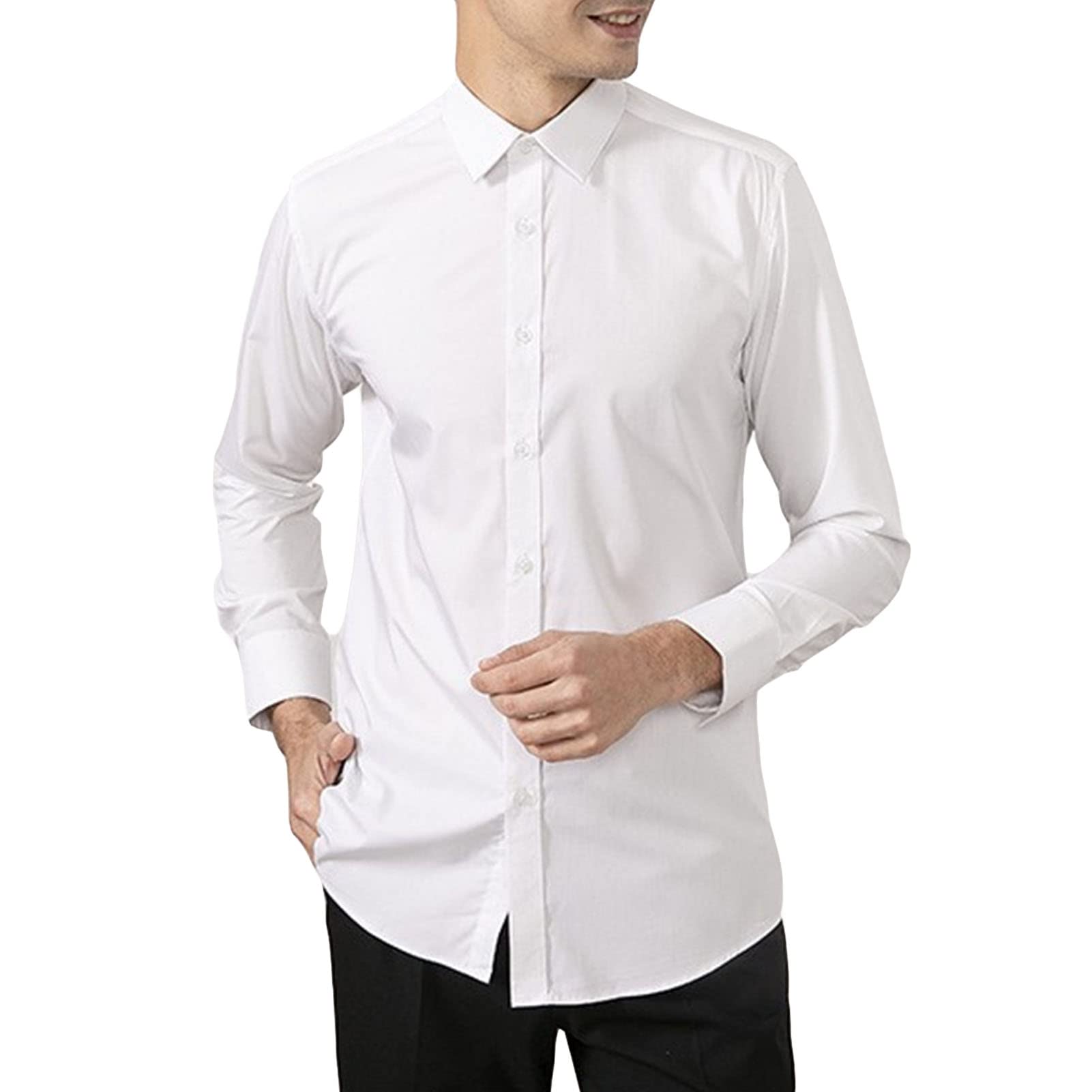 Maiyifu-GJ Men Casual Wrinkle Free Dress Shirt Regular Fit Button Down Shirts Solid Slim Fit Long Sleeve Business Shirts (White 2,5X-Large)