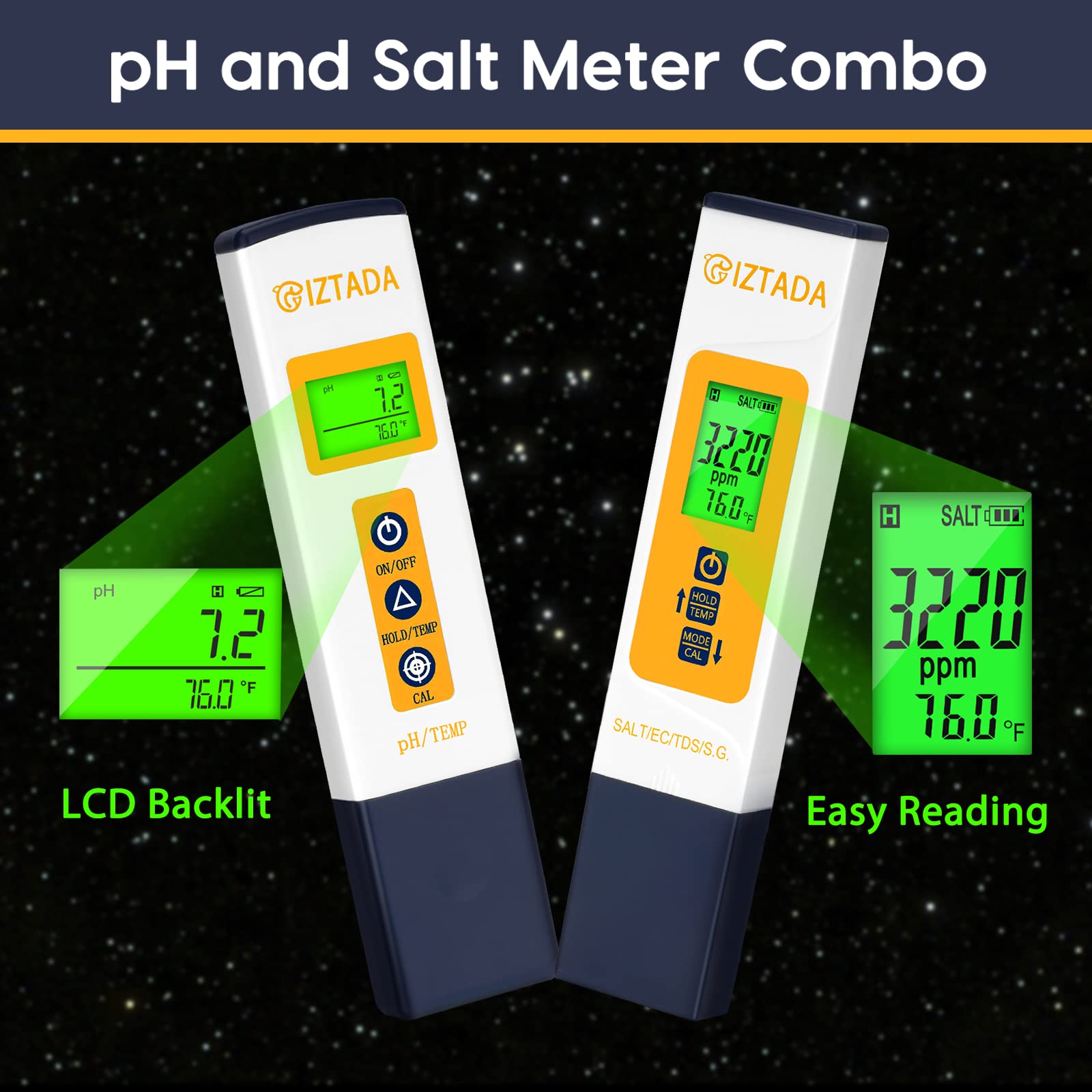 CIZTADA pH Meter and Salinity Meter Combo for Saltwater Pool 6 in 1 pH Salt SG EC TDS Temp Meter for Reef Aquarium Seawater Tank Koi Fish Pond PPM and pH Water Tester for Hydroponics Nutrients Growing