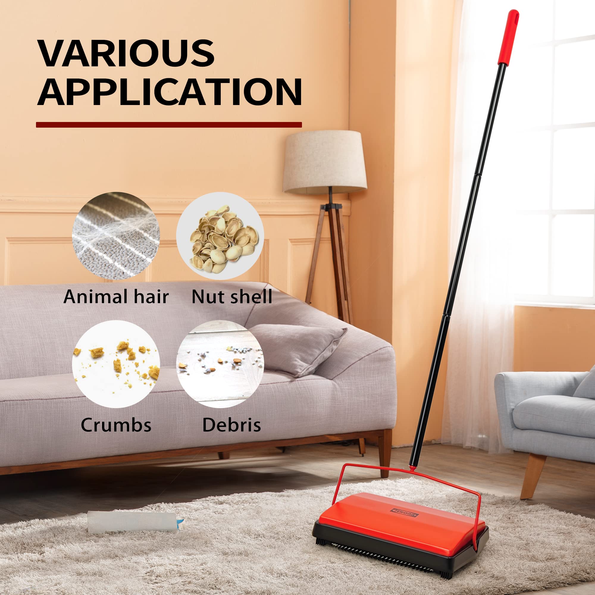 JEHONN Carpet Floor Sweeper with Horsehair, Self Wringing Mop with 2 Washable Heads