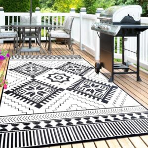 diikoo outdoor rug mat for patio, 6x9ft waterproof reversible plastic straw rugs, camping carpet area mats for rv, porch, deck, backyard, balcony, camper, picnic, beach, trailer, black & white