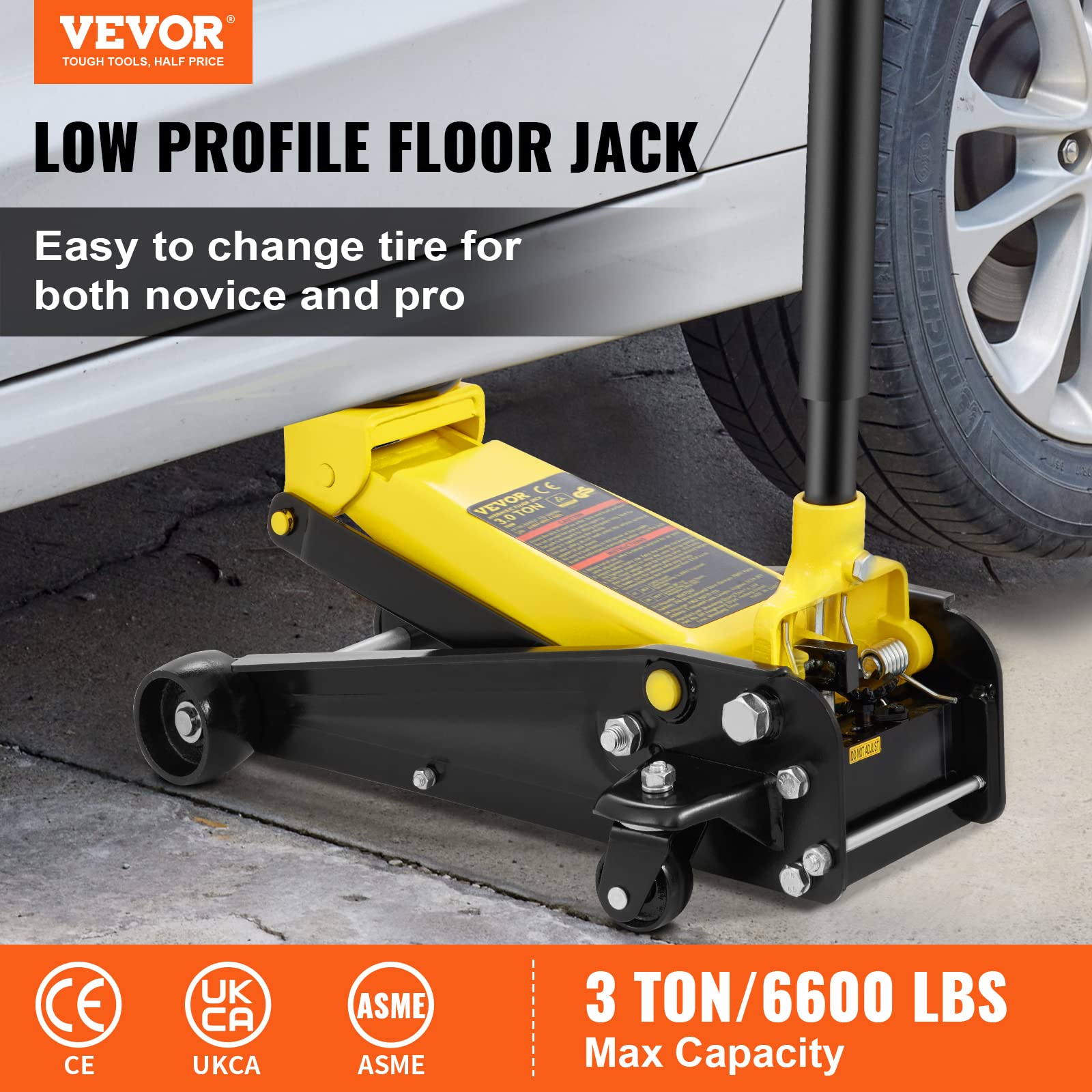 VEVOR 3 Ton Low Profile Floor Jack for All Terrain Vehicles, Heavy-Duty Steel Racing Jack with Quick Lift Pump, 5.12"-20" Lifting Range, 3.0 tons