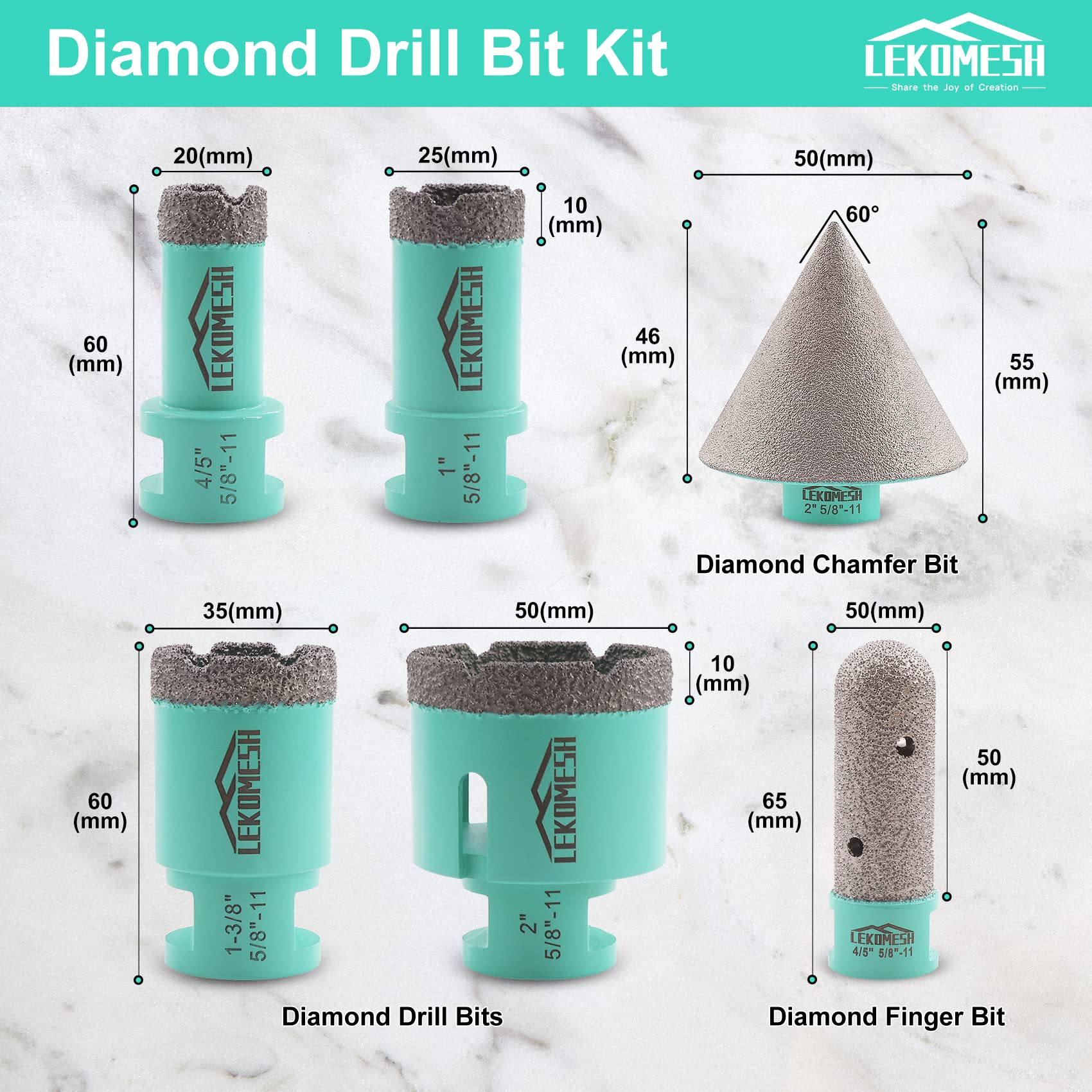 LEKOMESH Diamond Core Drill Bits Set 6pcs Tile Hole Saw Kit for Porcelain Tile Ceramic Marble Brick Concrete with 5/8-11 Thread(20/25/35/50/20mm+20mm Finger Bit+50mm Beveling Chamfer Bit)