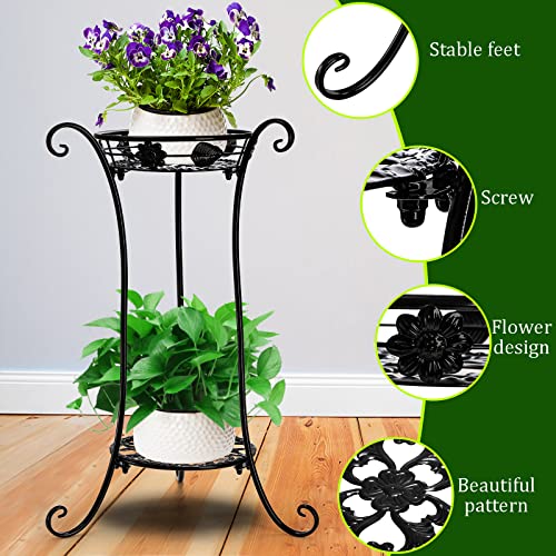 Yesland 2 Pack Metal Plant Stand Indoor Outdoor, 2 Tier Black Iron Flower Plant Stand 26 Inches Detachable Tall Modern Plant Shelf Holder for Corner, Patio, Living Room, Garden