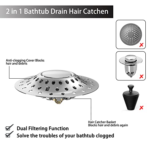 USIKRPEN Upgrade Universal Bathtub Plug & Drain Hair Catcher Anti Rust Anti-Blocking 2 in 1 Bathtub Drain Plug with Dual Filtration Pop Up Bathtub Drain Cover for 1.4"-2.0" Tub Stopper