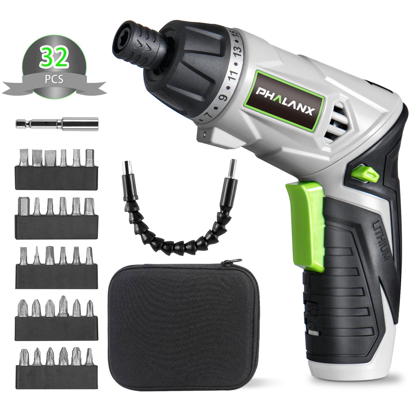 PHALANX Cordless Power Screwdriver, 4V Electric Screwdriver Rechargeable Set with 17+1 Torque Settings & Flashlight, Max 5N.m, Power Screwdriver with 30 Pcs Bits, Small Screw Gun for Furniture/Desktop