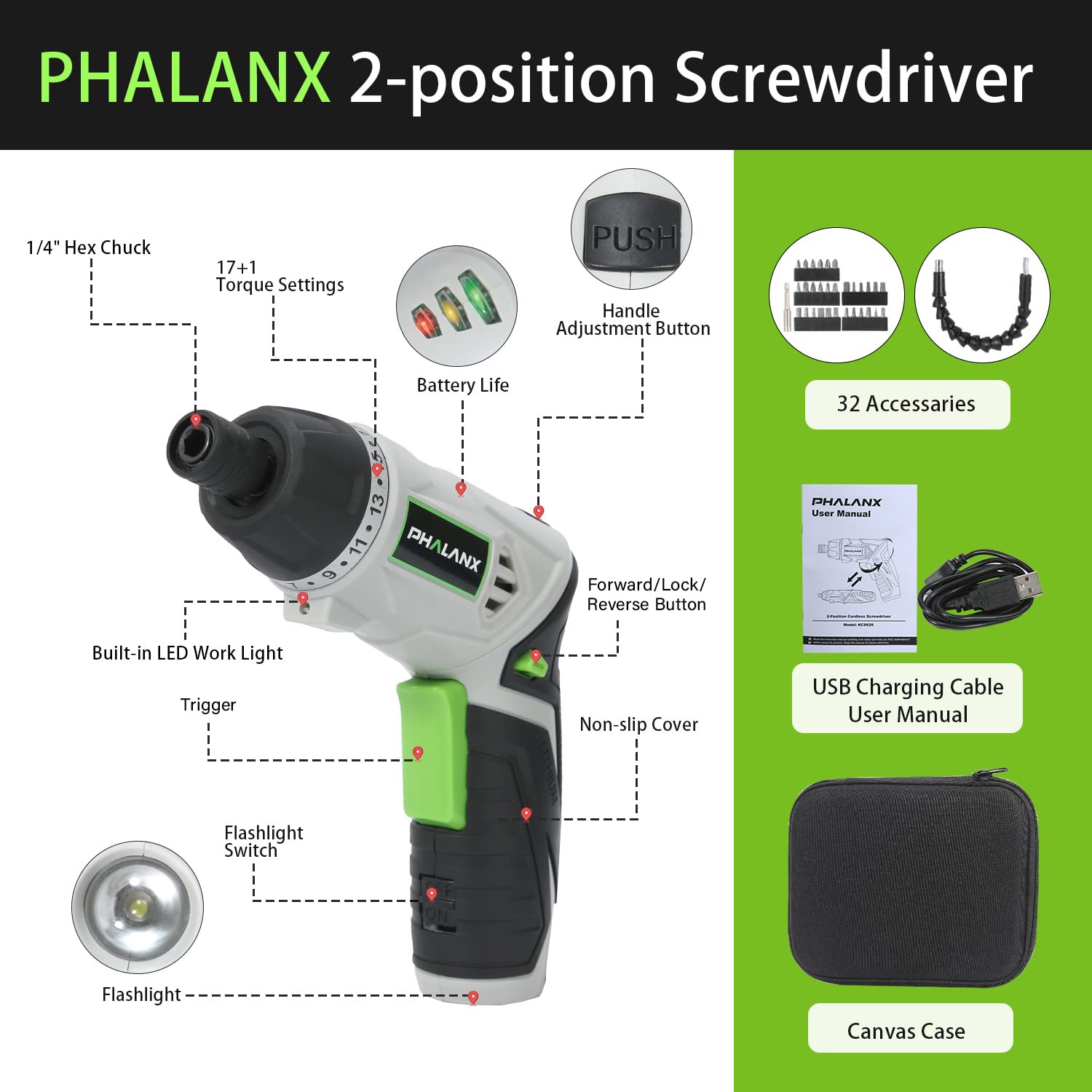 PHALANX Cordless Power Screwdriver, 4V Electric Screwdriver Rechargeable Set with 17+1 Torque Settings & Flashlight, Max 5N.m, Power Screwdriver with 30 Pcs Bits, Small Screw Gun for Furniture/Desktop