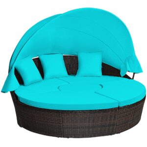 tangkula patio round daybed with retractable canopy, outdoor wicker rattan furniture sets, sectional cushioned sofa set w/height adjustable coffee table, rattan conversation sets (turquoise)