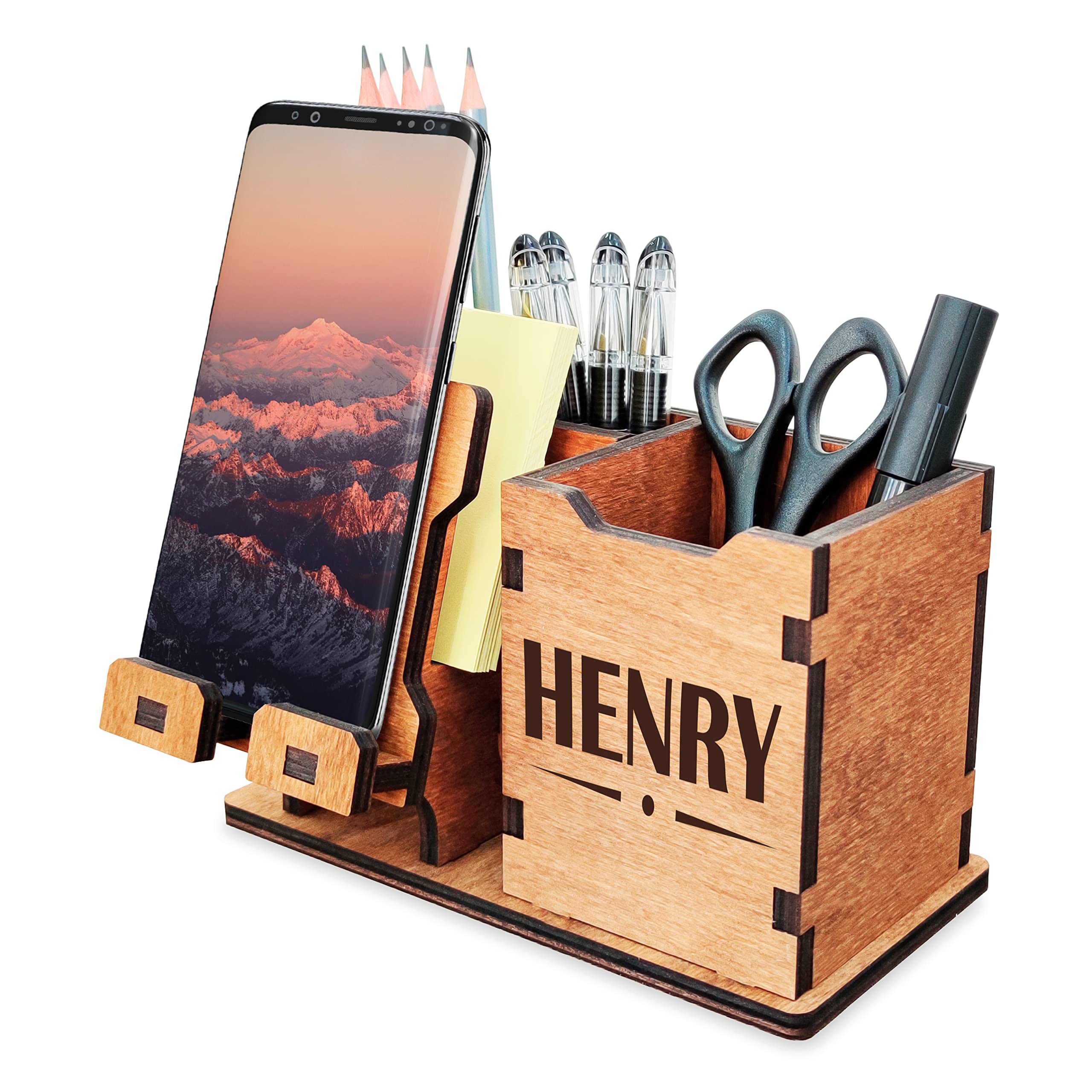 Personalized Wooden Pen Holder for Desk with Cell Phone Holder Wood Desk Organizer Pencil Holder Coworker Gifts Boss Leader Colleague Friends Office Organization Employee Appreciation Gifts