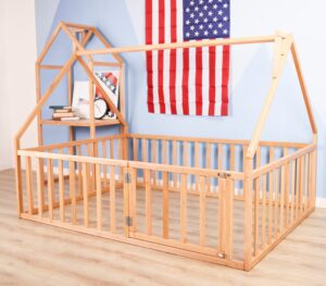 busywood house wooden playpen - montessori floor bed with safe gate - toddler bed - floor bed - frame with fence and door - toddler bedroom furniture - full, twin, queen, king size (model 6)