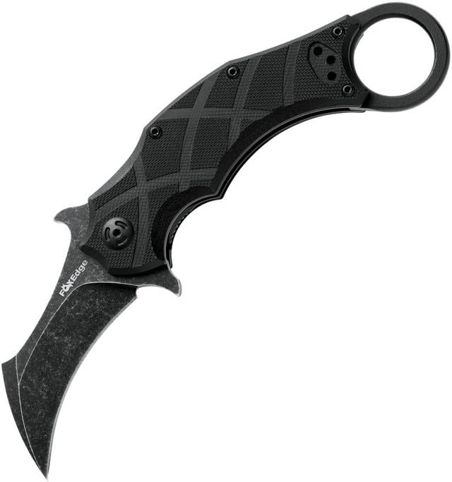 FoxEdge The Claw G10 Folding Karambit with Emerson Wave, 2.90" Blade Length, Black Anodized Aluminum Spacer, Black Idroglider Stonewashed Blade Finish