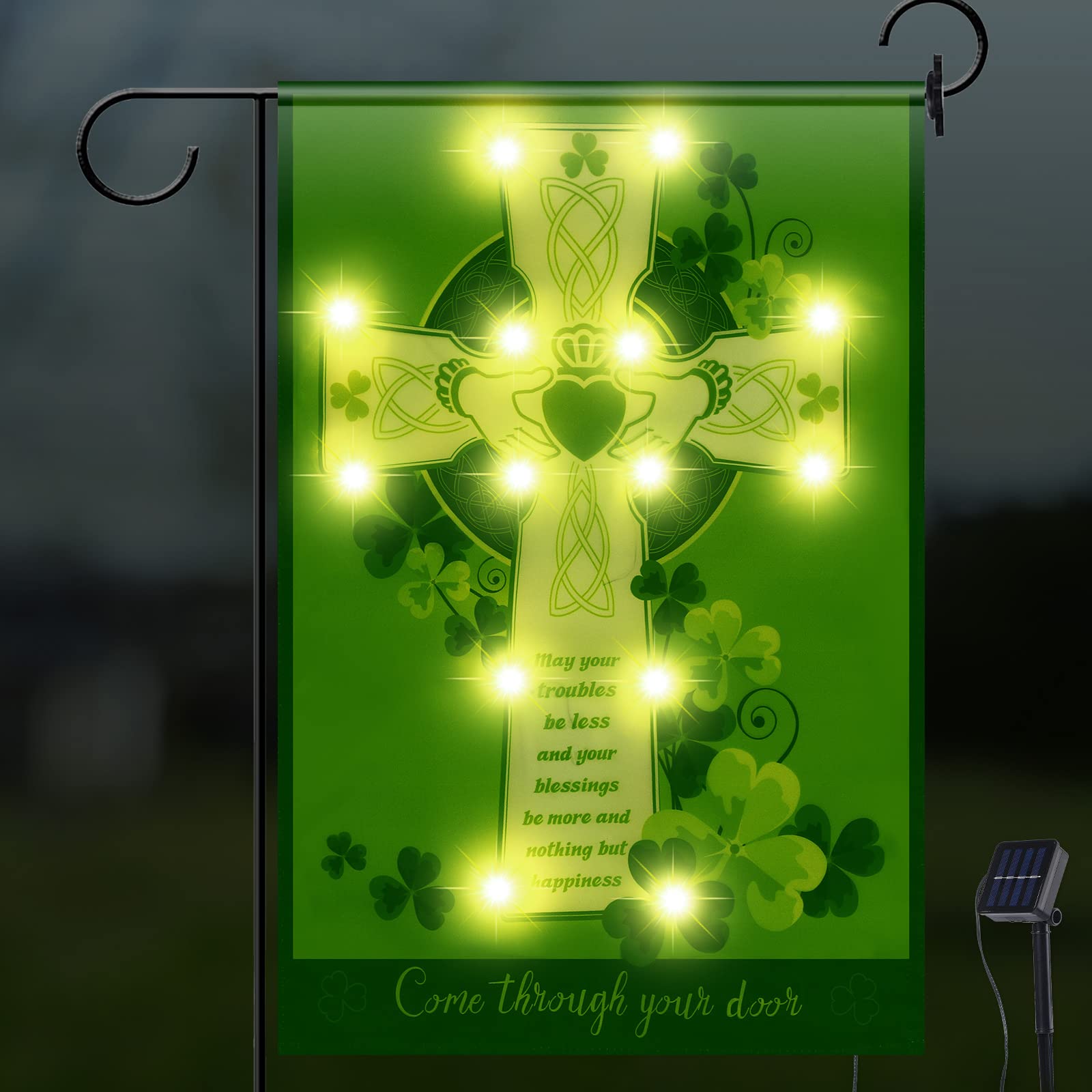 Lighted St. Patrick's Day Garden Flag, 12 x 18 Inch Yard Flag with Solar Lights Double Side St. Patrick's Day Decorations Irish Shamrock Cross Holiday Farmhouse Flag for Home Outside Outdoor Decor