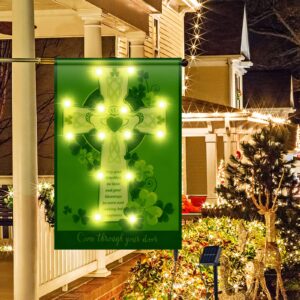 Lighted St. Patrick's Day Garden Flag, 12 x 18 Inch Yard Flag with Solar Lights Double Side St. Patrick's Day Decorations Irish Shamrock Cross Holiday Farmhouse Flag for Home Outside Outdoor Decor