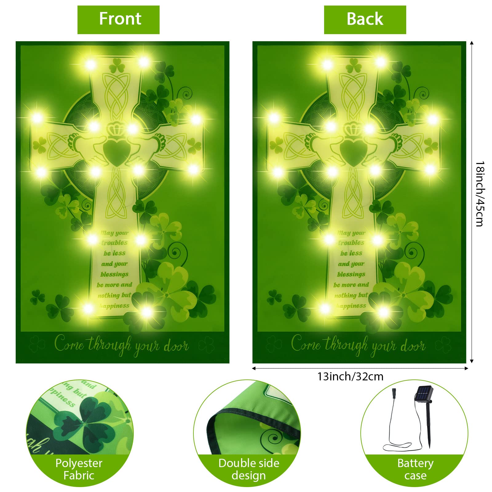 Lighted St. Patrick's Day Garden Flag, 12 x 18 Inch Yard Flag with Solar Lights Double Side St. Patrick's Day Decorations Irish Shamrock Cross Holiday Farmhouse Flag for Home Outside Outdoor Decor