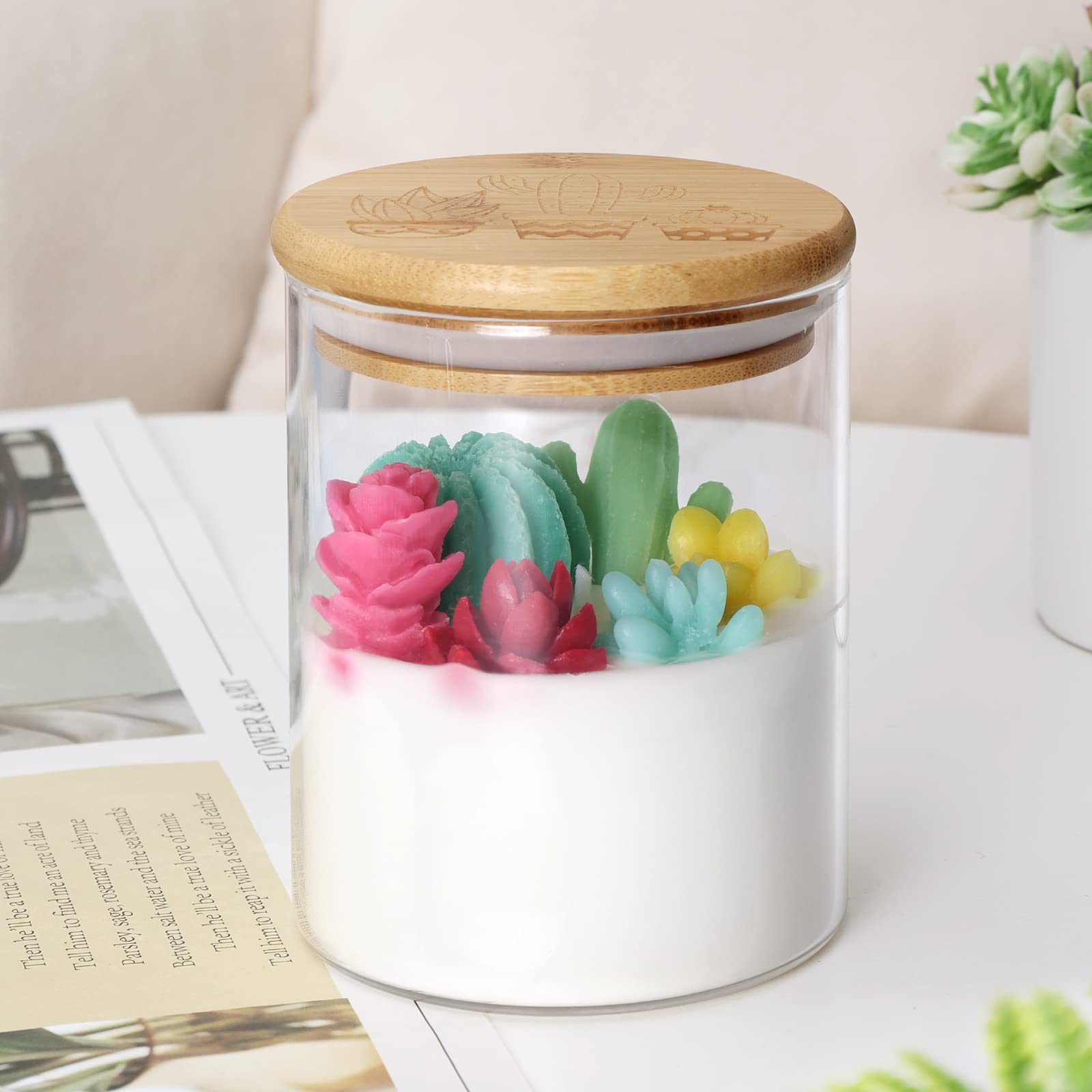 Tuitessine Succulent Cactus Terrarium Candles with Bamboo Lid Natural Wax Cute Succulent Scented Catcus Candle for Plant Lovers Teacher Appreciation Mother's Day Gift Spa Home Decoration