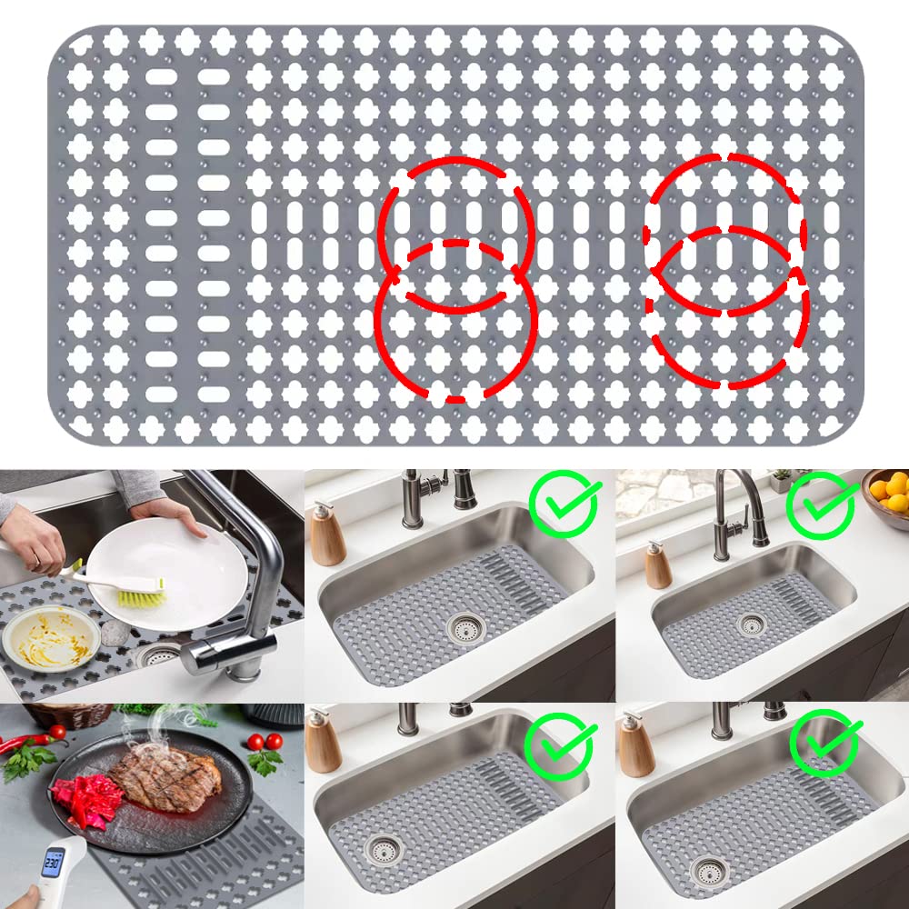 28.2''x14.2'' Silicone Sink Protector for Kitchen Sink, No-Slip Sink Grid Accessories Heat Resistant Kitchen Sink Mat for Bottom of Stainless Steel/Porcelain Sink,Rear Drain