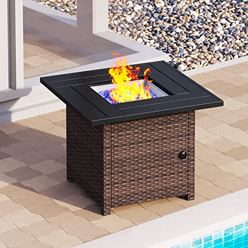 PHI VILLA 32 Inch Gas Fire Pit Table, 50000 BTU Square Outdoor Propane Rattan Fire Pit Table with Lid and Blue Fire Glass for Patio, Backyard and Garden