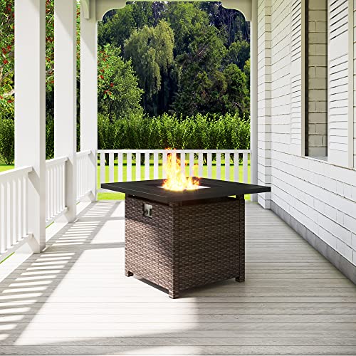 PHI VILLA 32 Inch Gas Fire Pit Table, 50000 BTU Square Outdoor Propane Rattan Fire Pit Table with Lid and Blue Fire Glass for Patio, Backyard and Garden