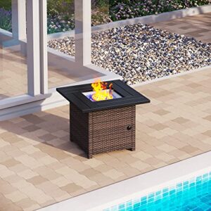 PHI VILLA 32 Inch Gas Fire Pit Table, 50000 BTU Square Outdoor Propane Rattan Fire Pit Table with Lid and Blue Fire Glass for Patio, Backyard and Garden