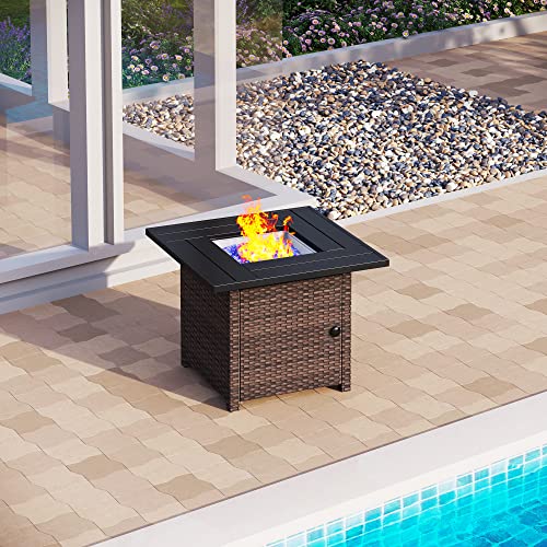 PHI VILLA 32 Inch Gas Fire Pit Table, 50000 BTU Square Outdoor Propane Rattan Fire Pit Table with Lid and Blue Fire Glass for Patio, Backyard and Garden